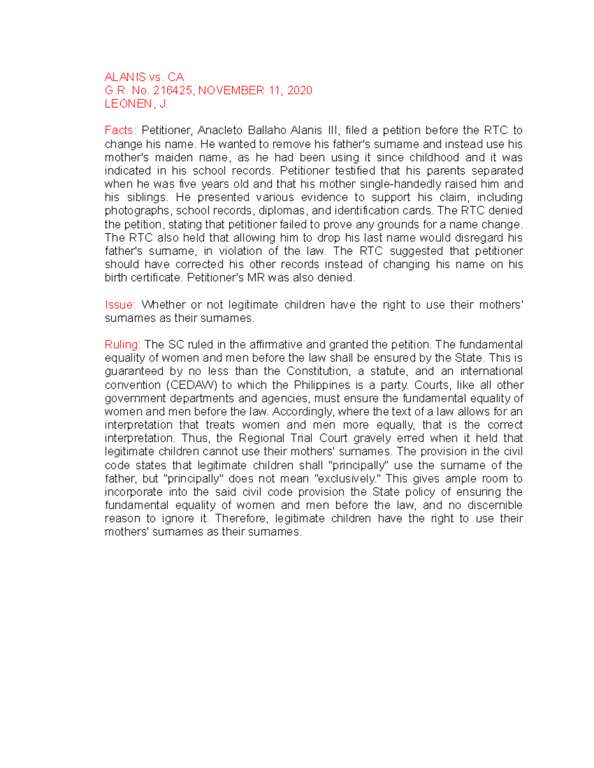 Case Digest: Alanis vs. CA (G.R. No. 216425) - Name Change Rights - Studocu
