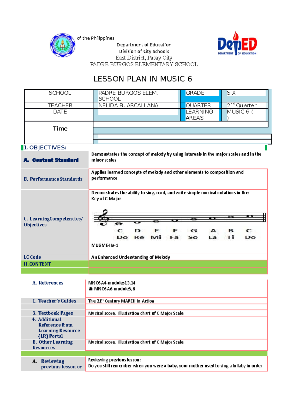 429435124 2nd Quarter MAPEH 6 Lesson Plan: Understanding Melody - Studocu