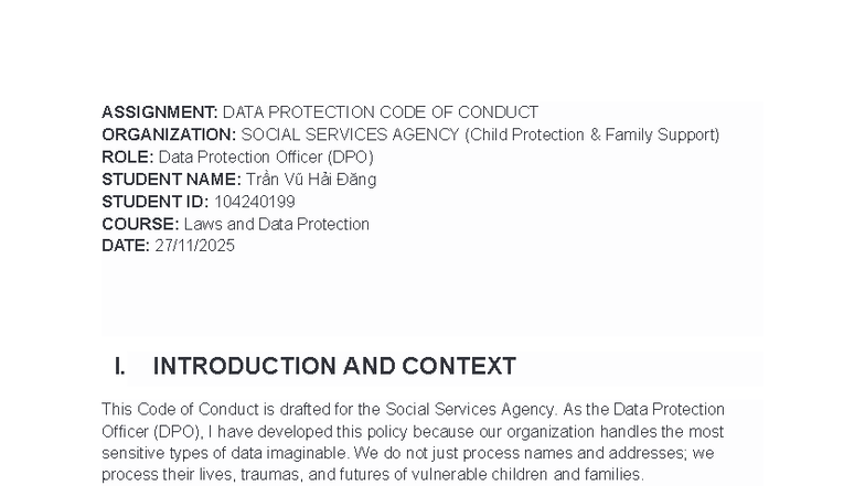 Assignment 5: Data Protection Code for Social Services Agency (Laws and ...