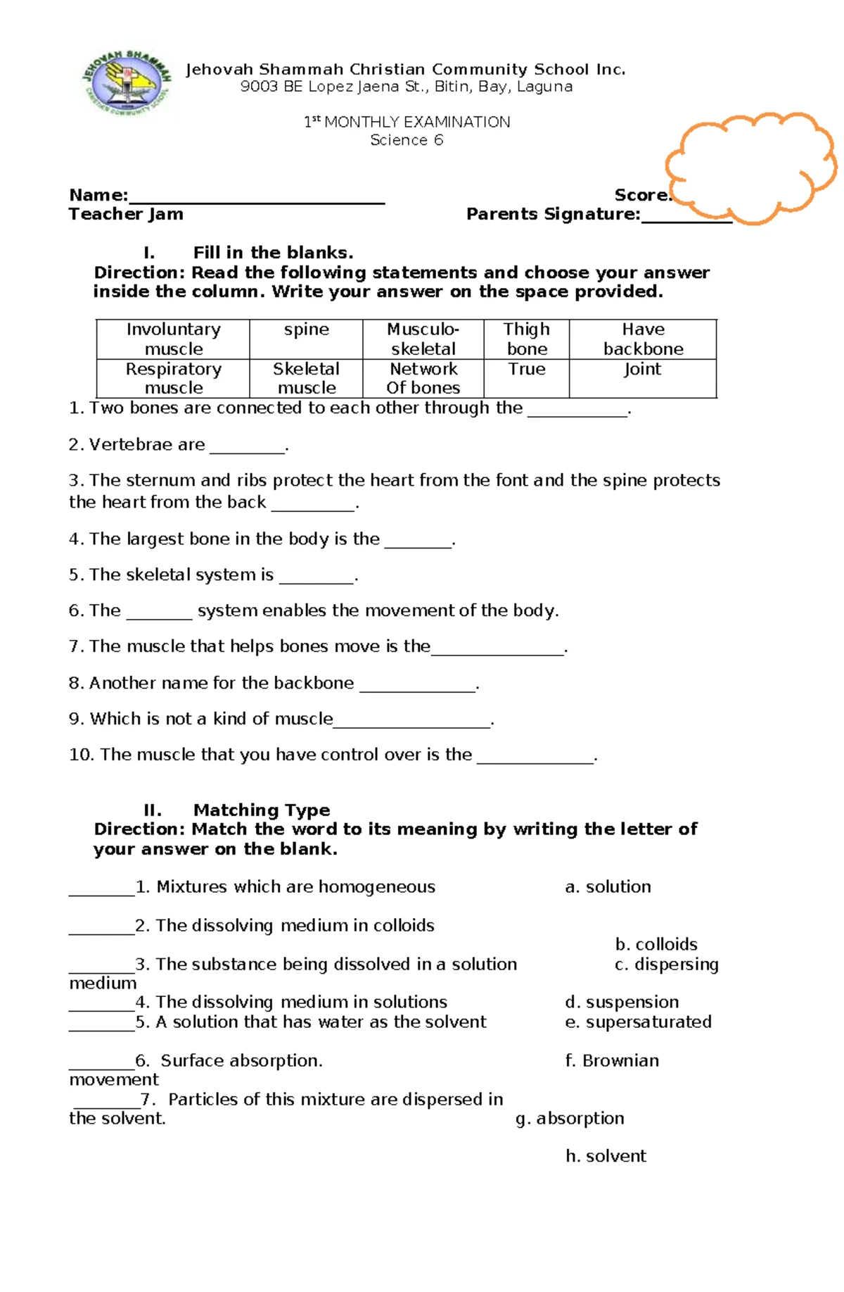 1st Monthly Examination (2024-2025) - Jehovah Shammah Christian ...