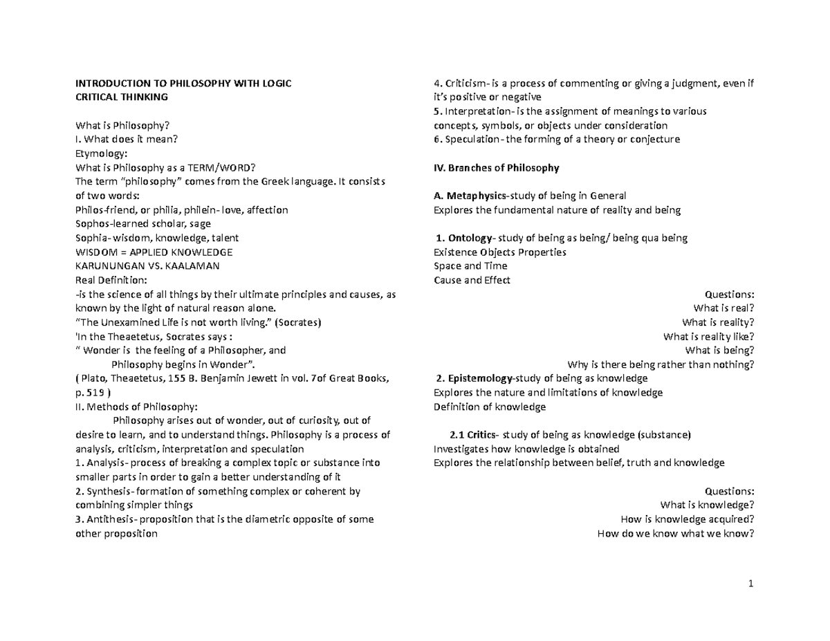 PHILO 101: Logic & Critical Thinking Handout Overview - Studocu
