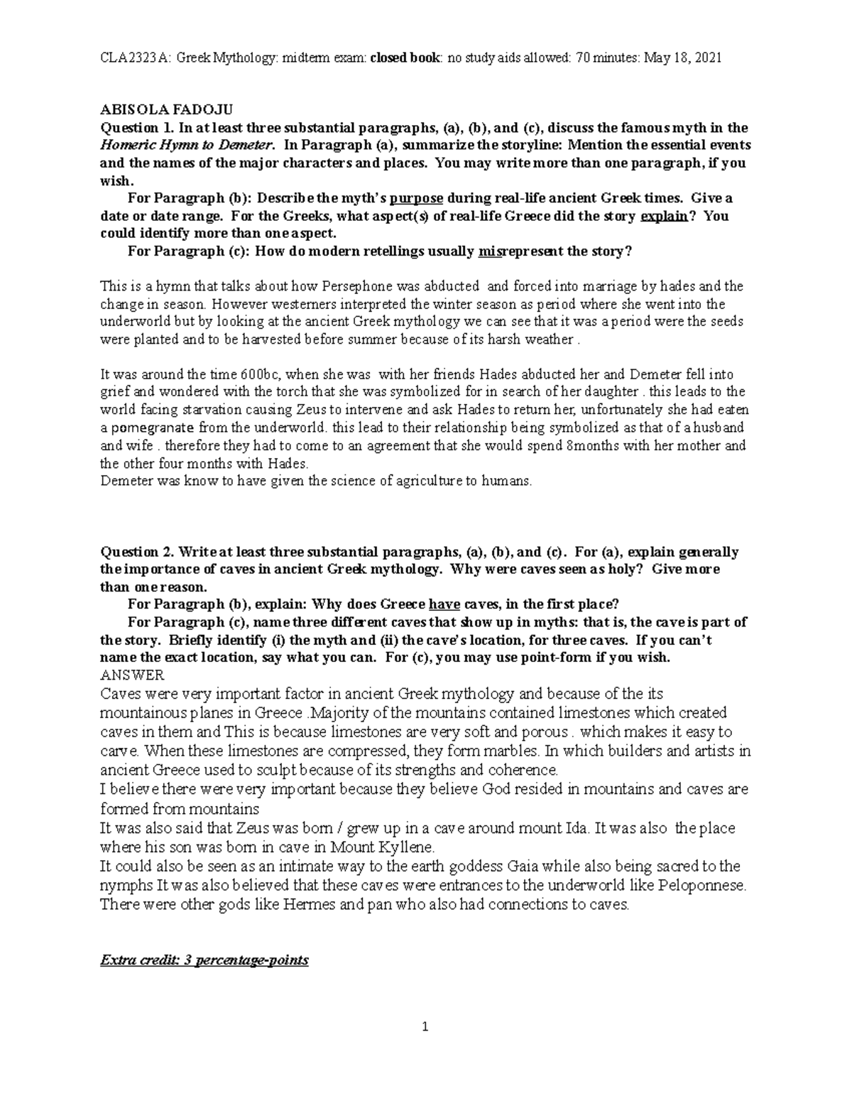 CLA2323 A: Greek Mythology Midterm Exam Guide and Analysis - Studocu