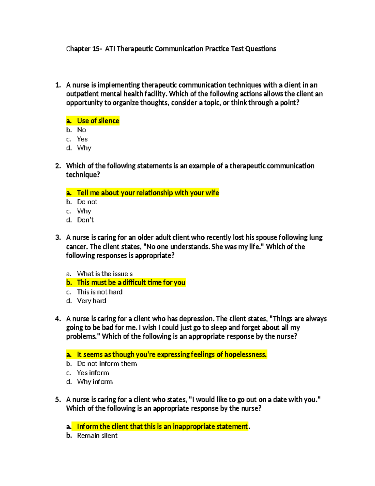 Chapter 15 - ATI Therapeutic Communication Practice Test Questions ...