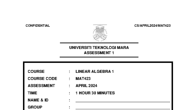 MAT423 Linear Algebra 1 Assessment 1 - April 2024 Exam Paper - Studocu
