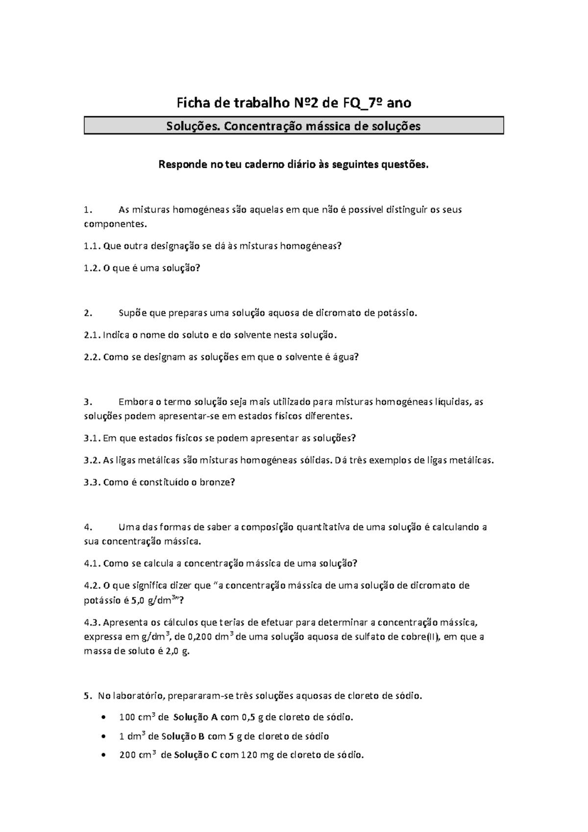 Ficha de Trabalho Nº2 de FQ_7º Ano: Concentração Mássica de Soluções ...