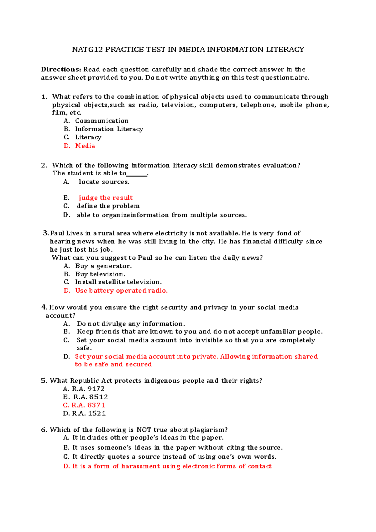 NATG12 Media Information Literacy Practice Test - Answer Keys - Studocu