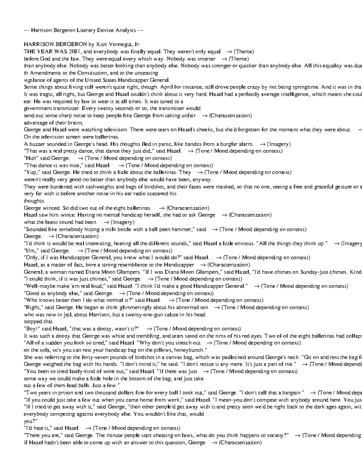 HARRISON BERGERON: Literary Devices Analysis and Annotations - Studocu