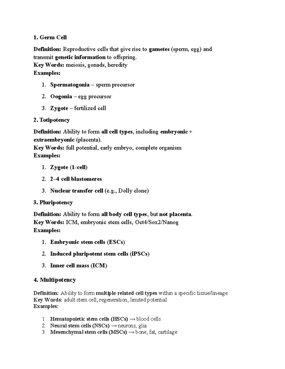 Midterm Study Notes: Germ Cells, Stem Cells, and Membrane Potential ...