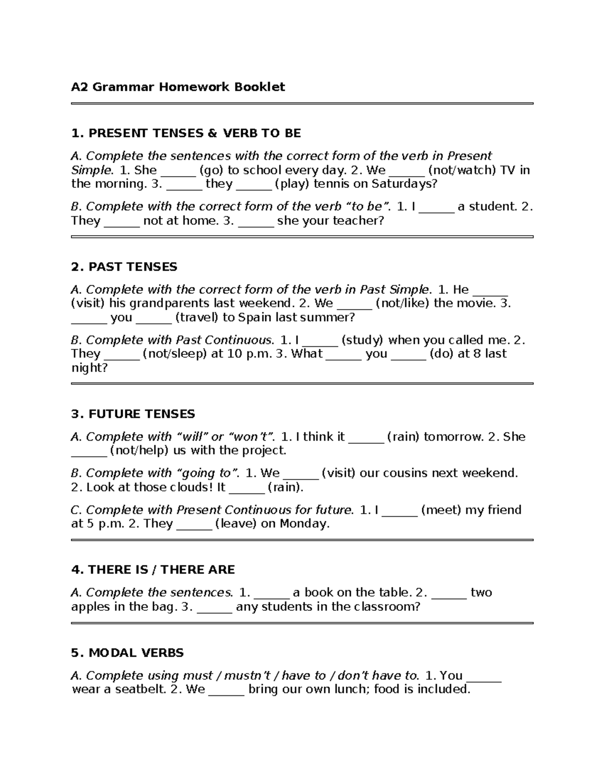 A2 Grammar Homework: Present, Past, and Future Tenses - Studocu
