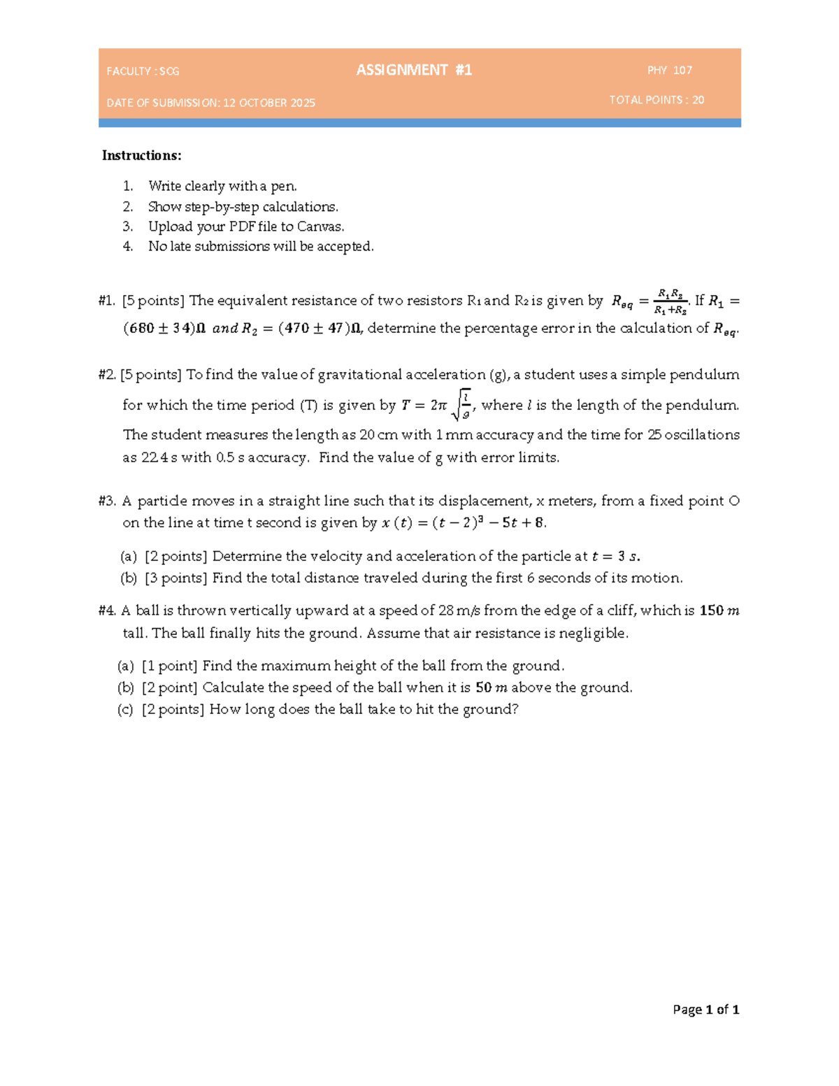 PHY 107 Assignment 1: Calculating Resistance & Motion Analysis - Studocu