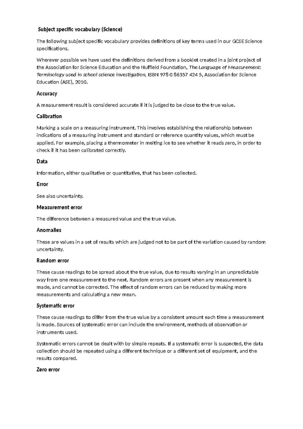 GCSE Science AQA: Key Vocabulary Definitions and Descriptions - Studocu