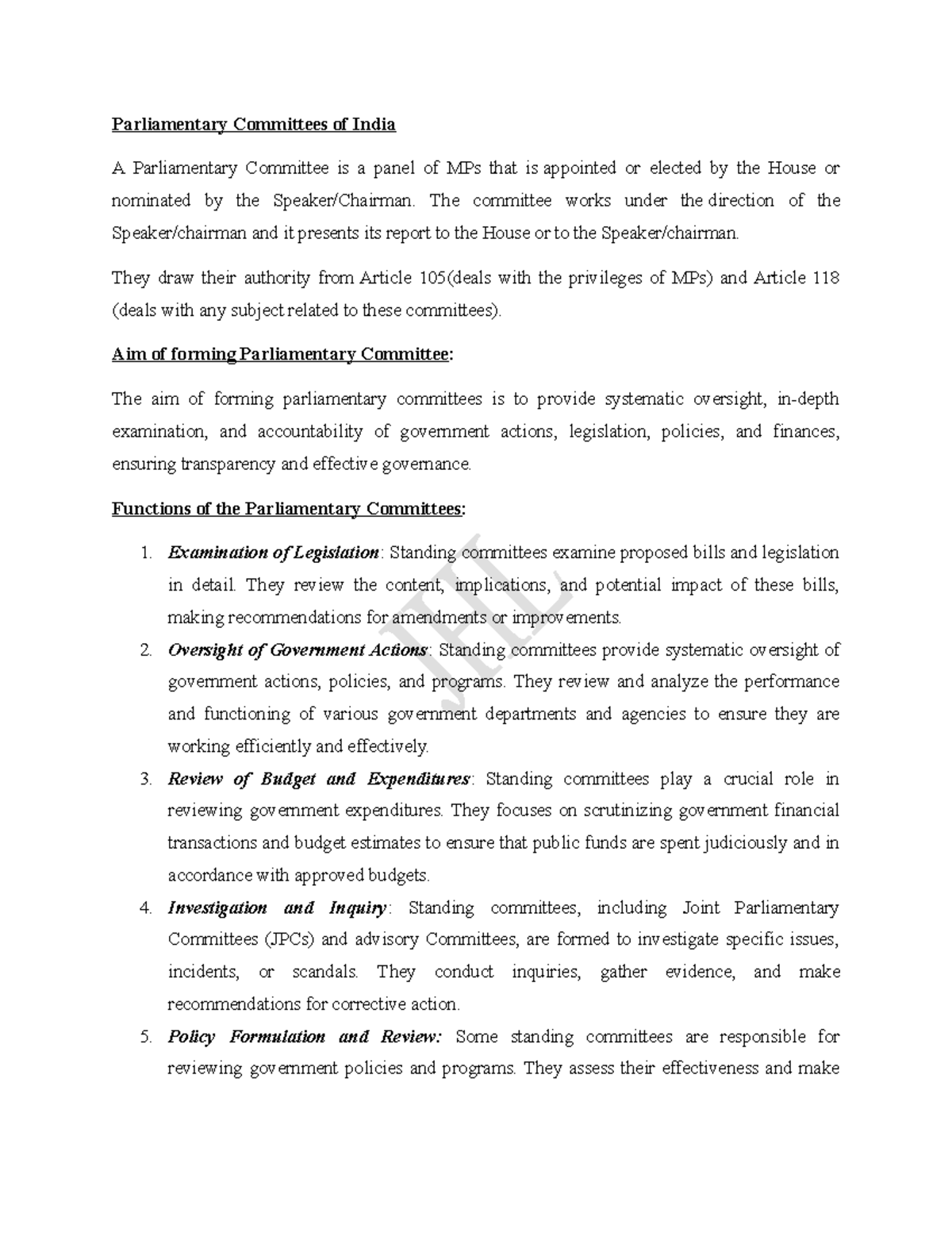 Parliamentary Committees in India: Roles and Functions Explained - Studocu