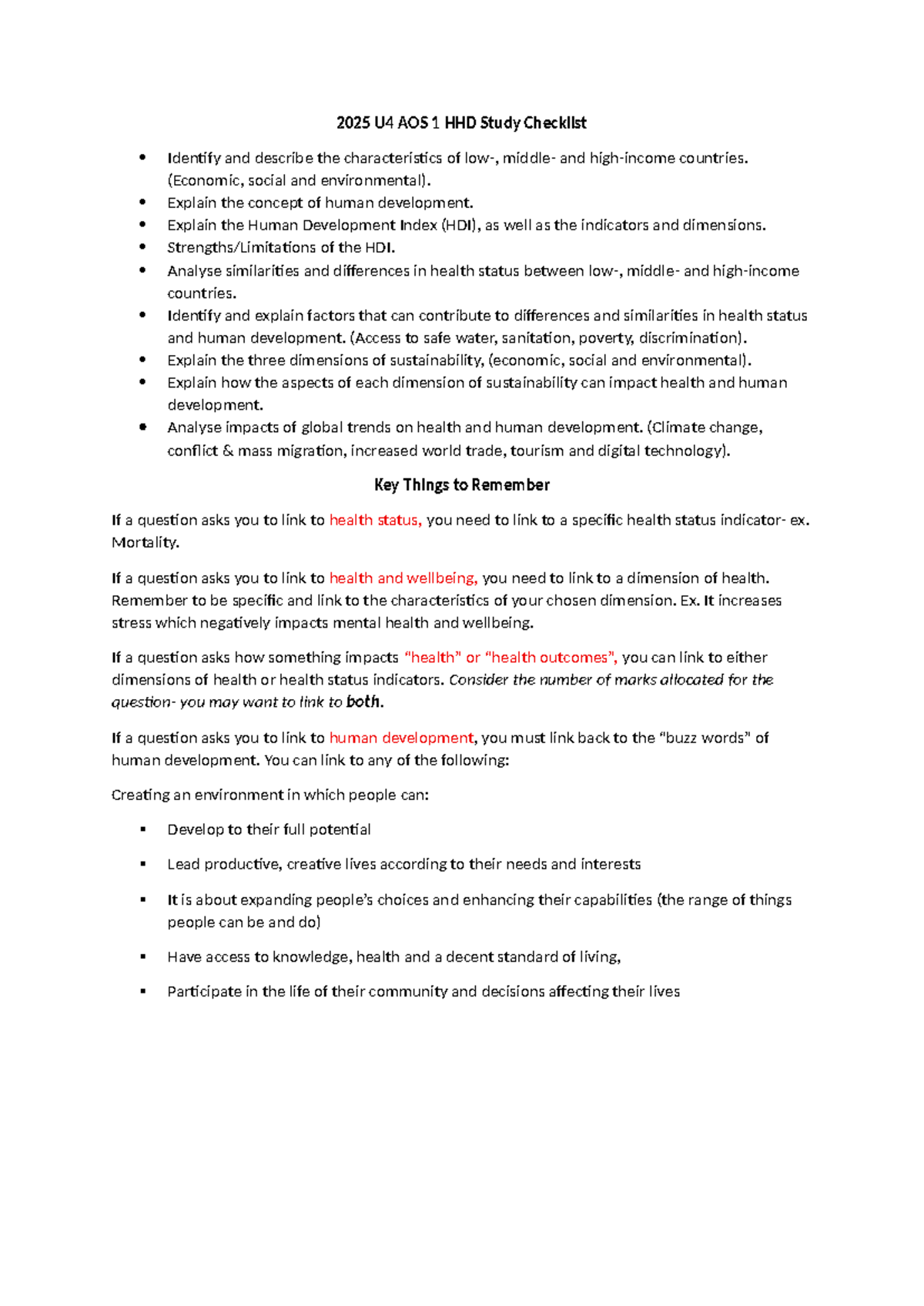 2025 U4 AOS 1 HHD Study Checklist: Human Development & Health Status ...