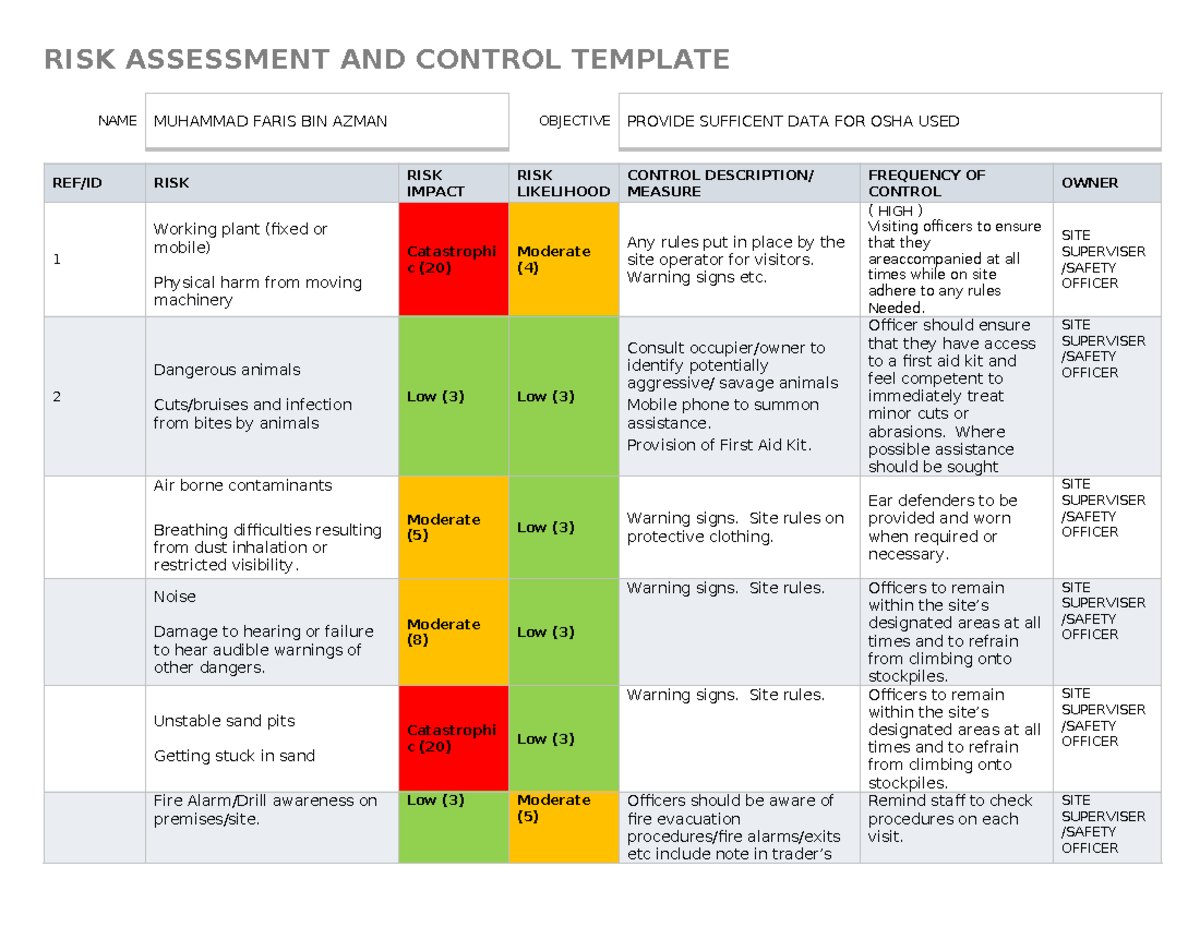 RISK Assessment & Control Template for Working Plant Safety (MUHAMMAD ...