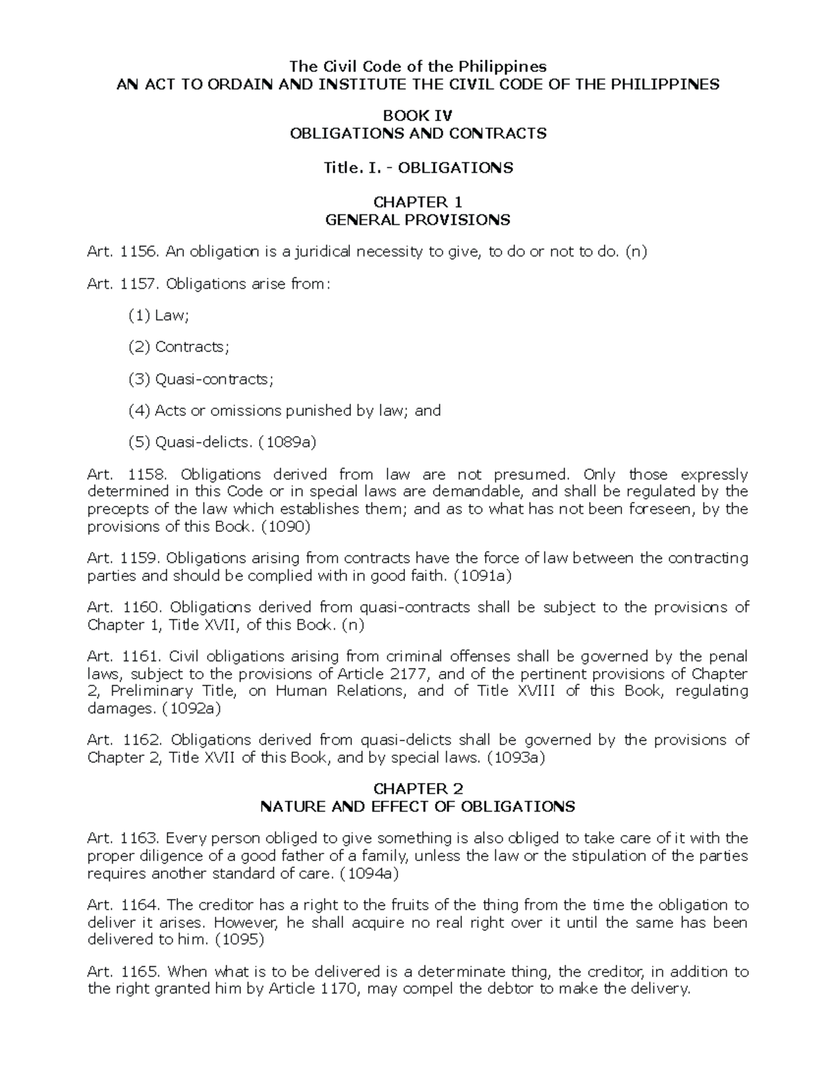 Book IV: Obligations and Contracts - Civil Code of the Philippines - Studocu