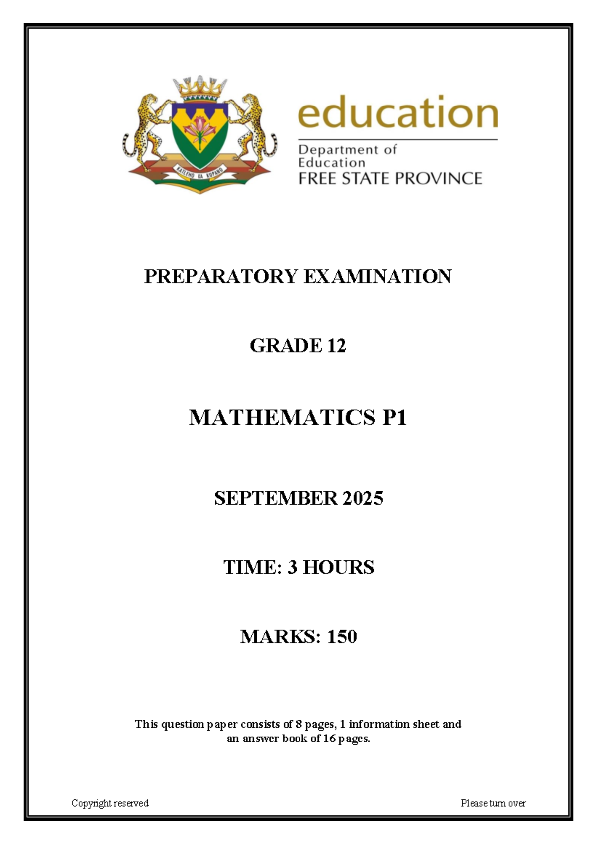 Mathematics P1 Grade 12 Prep Exam September 2025 Question Paper - Studocu