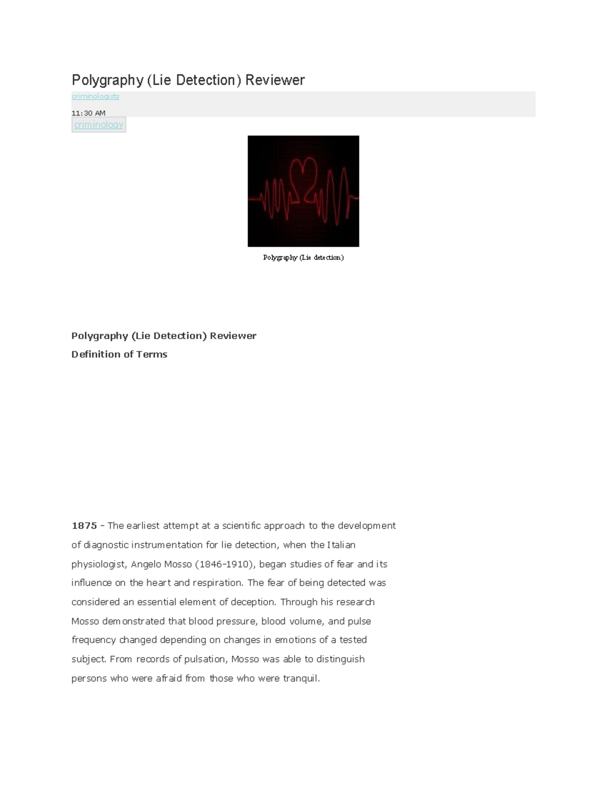 Polygraphy (Lie Detection) Lecture Notes - Criminology Review - Studocu