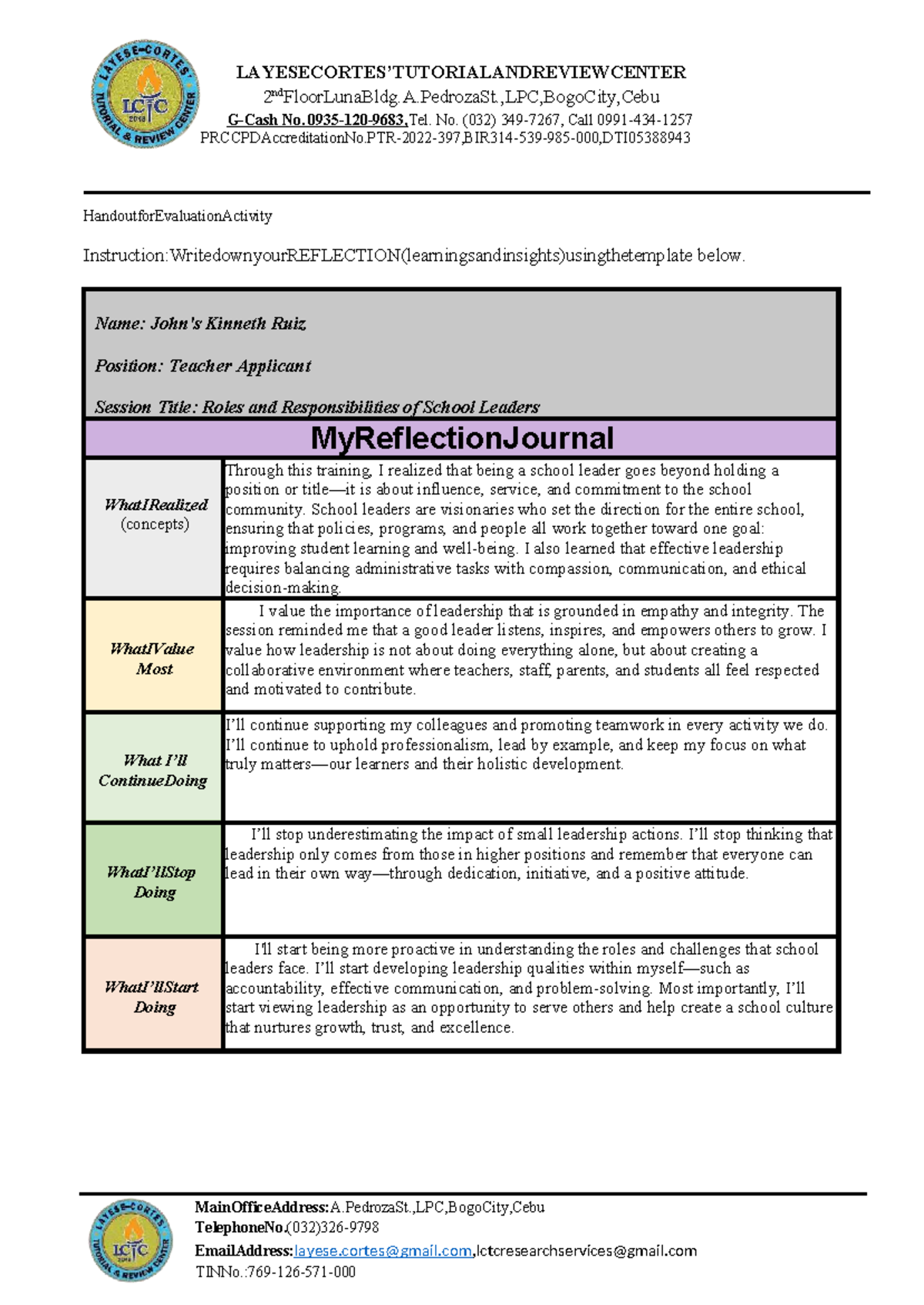 My Reflection Journal - Day 3 Assignment on School Leadership - Studocu
