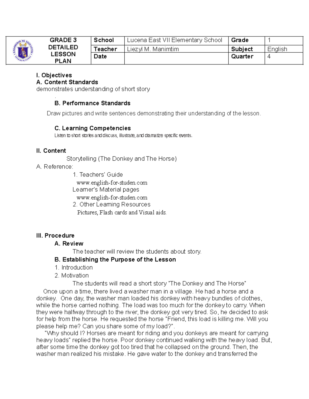 DLP- Storytelling Lesson Plan for Grade 3: The Donkey and The Horse ...