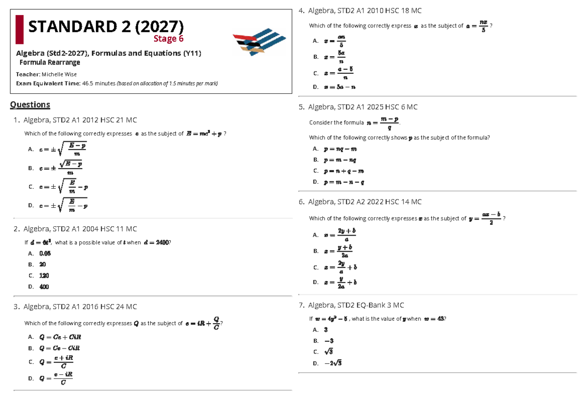Algebra Formulas & Equations - STD2 A1 HSC Questions 26 - Studocu