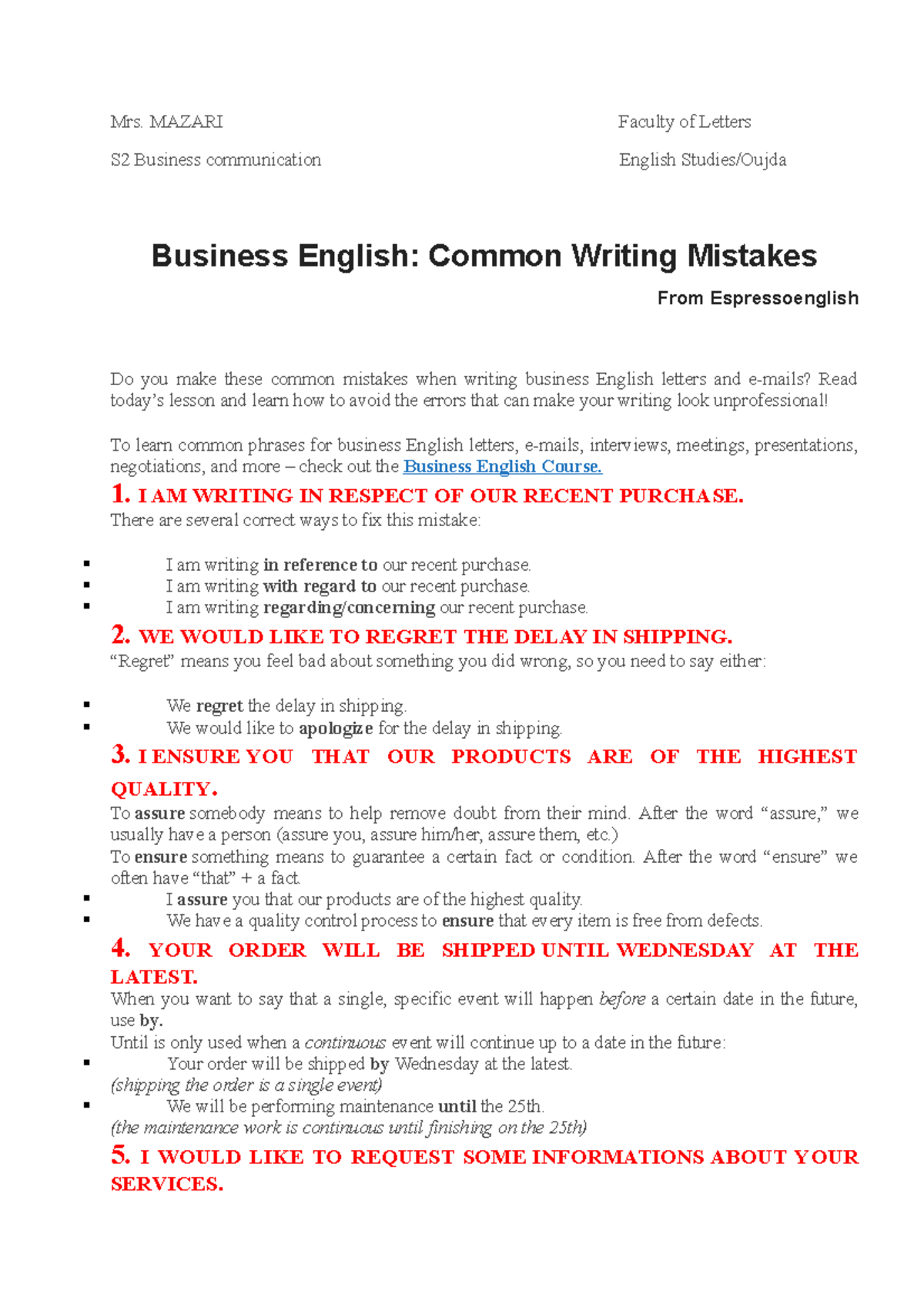 S2 Business Communication: Avoiding Common Writing Mistakes - Studocu