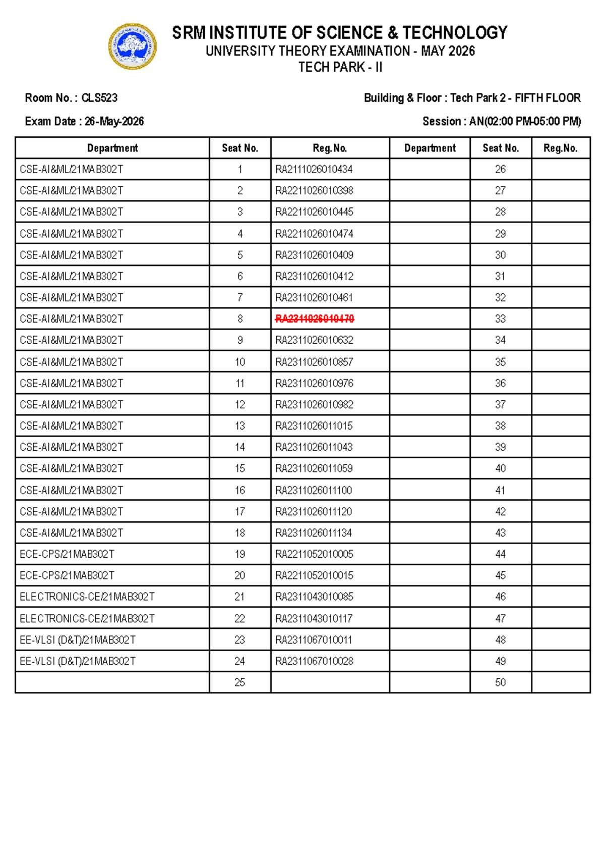 SRM IST University Theory Exam May 2026 - AN Seating Arrangement - Studocu