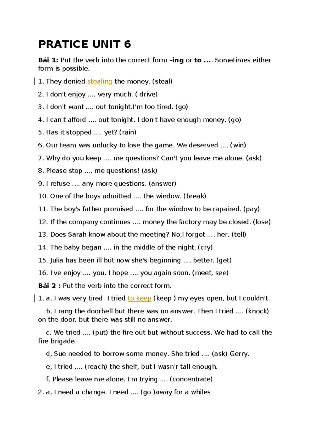 Unit 6 Practice: Verb Forms and Usage Exercises - Studeersnel