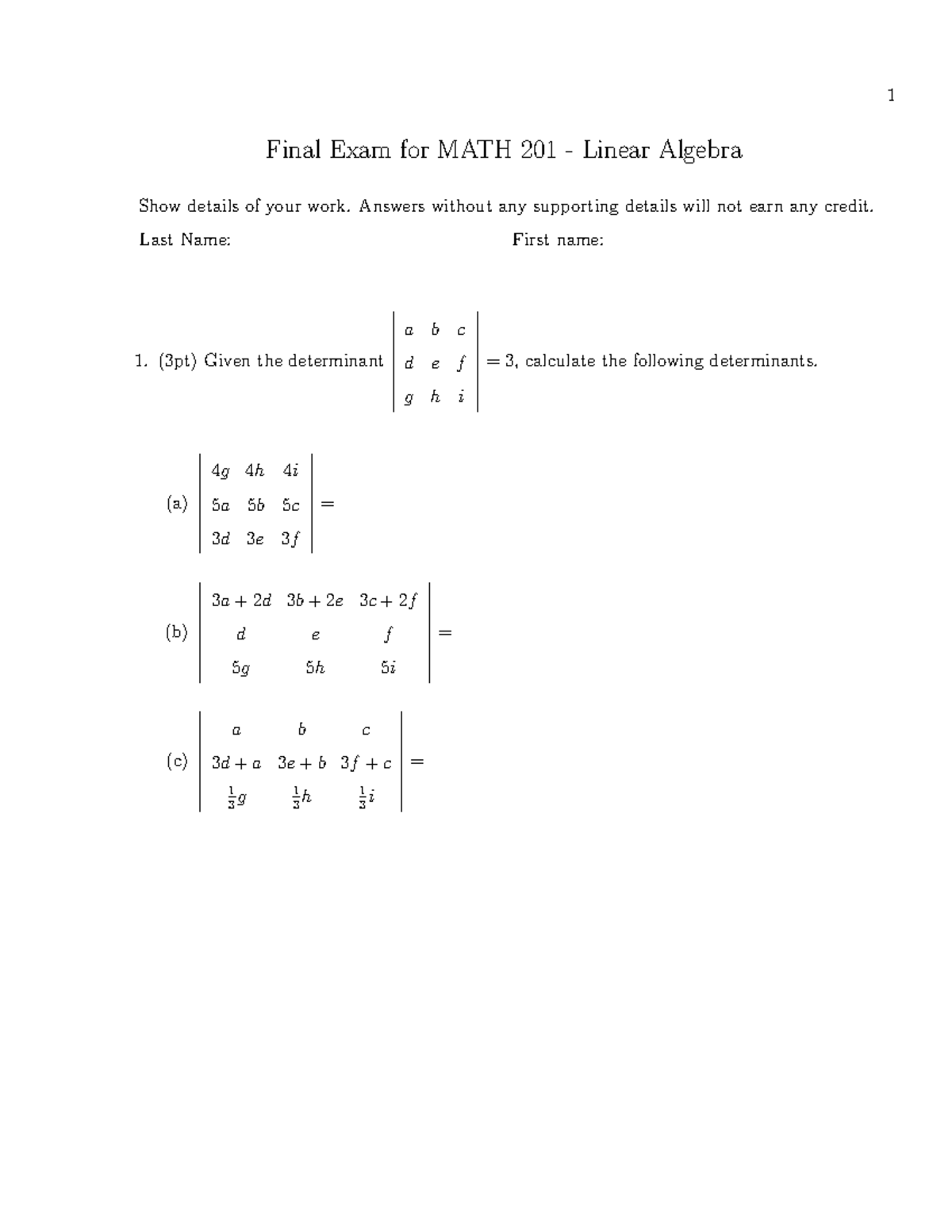 Final Exam Review for MATH 201: Linear Algebra Concepts - Studocu