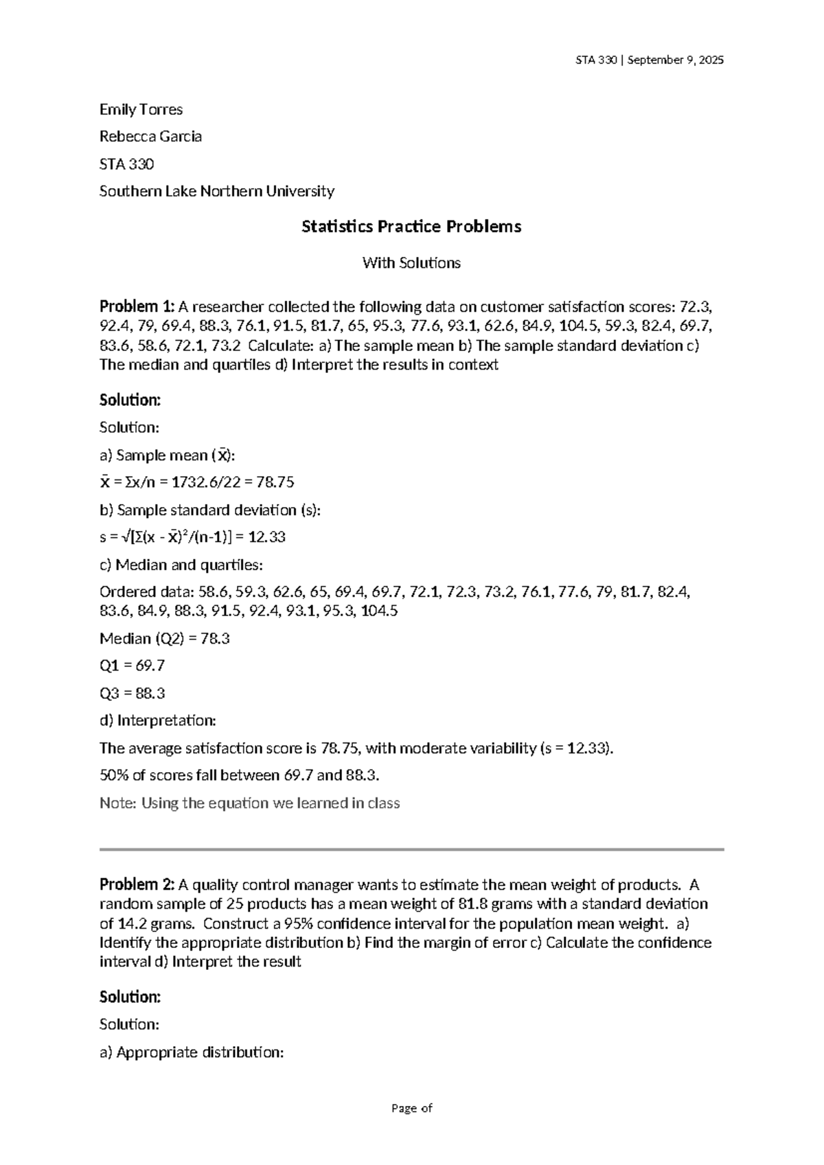 STA 330 Statistics Practice Problems & Solutions - September 2025 - Studocu