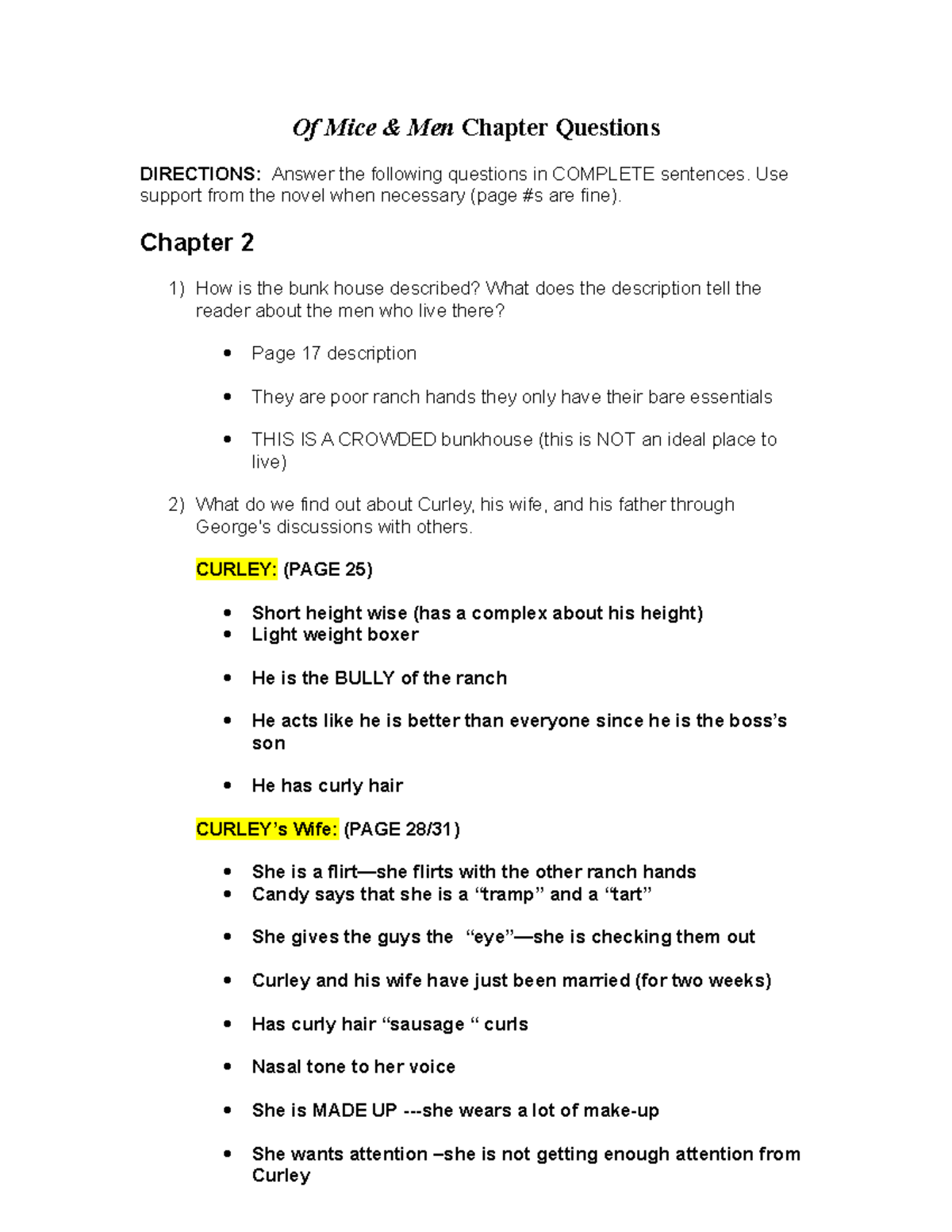Of Mice and Men Period 2 Study Guide with Chapter Questions Answers ...