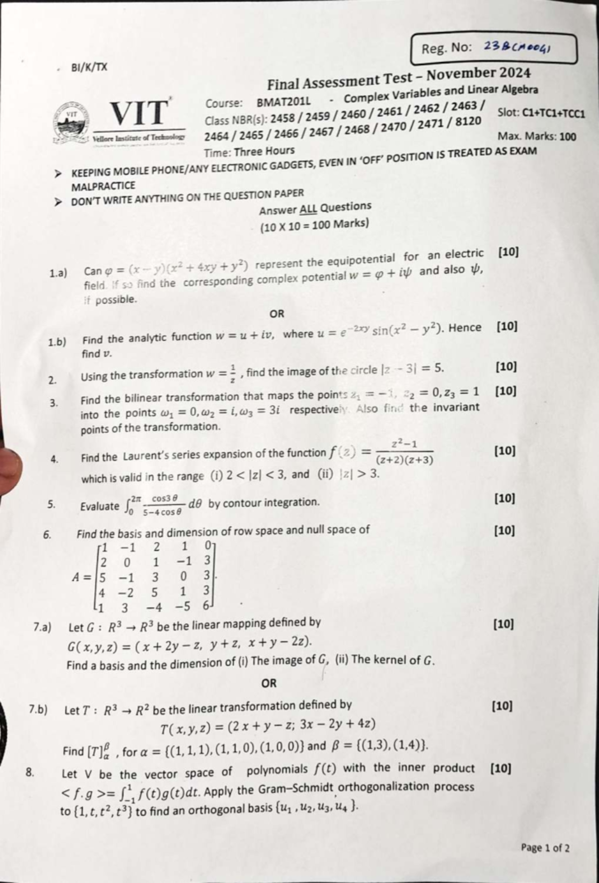 BMAT201L Final Assessment Test November 2024 - Complex Variables ...