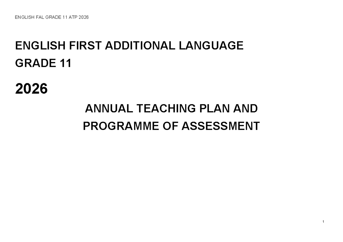 ENGLISH FAL GRADE 11 2026 ANNUAL TEACHING PLAN (ATP) - Studocu