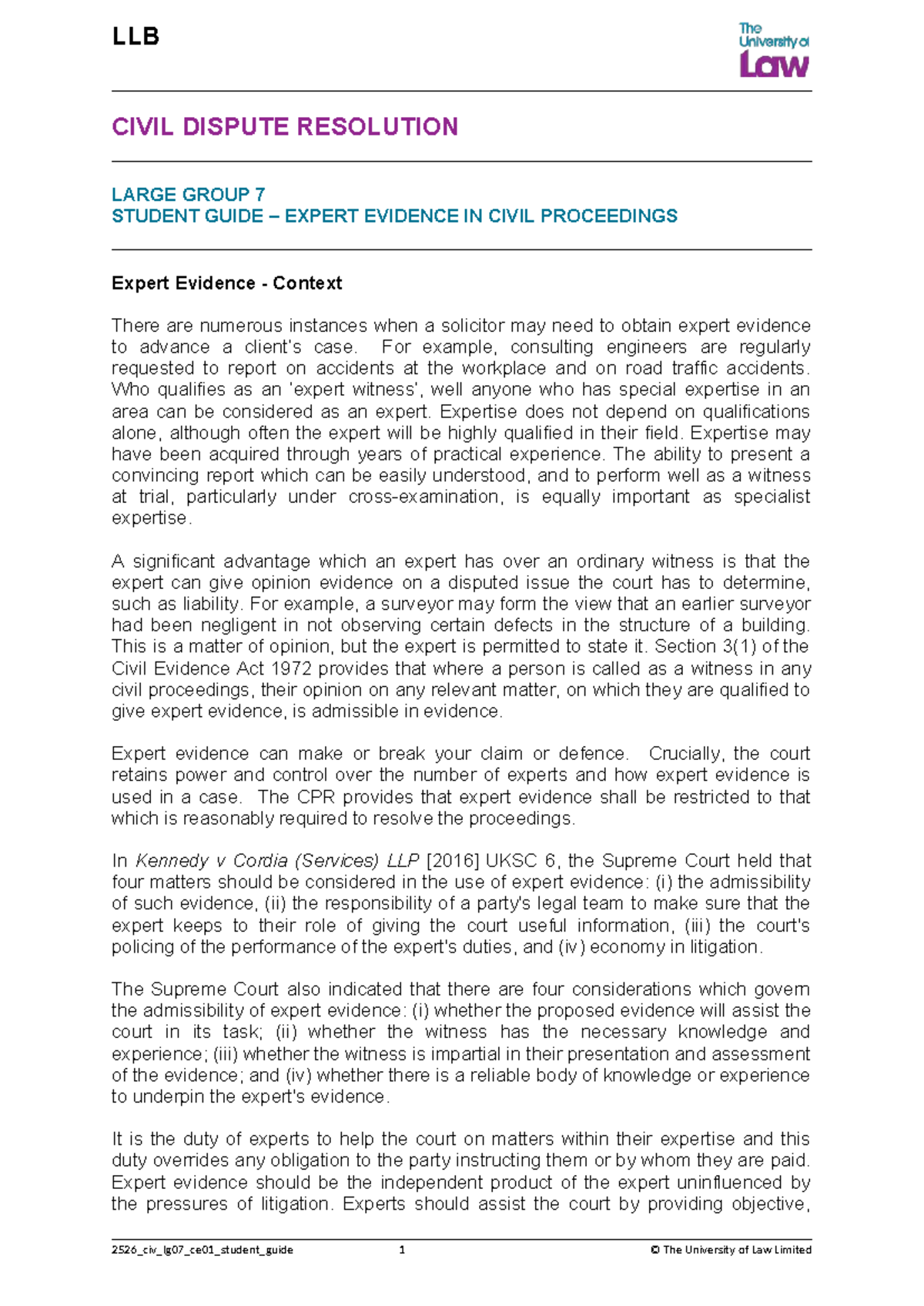 LLB 2526 Civil Dispute Resolution: Expert Evidence in Proceedings Guide ...