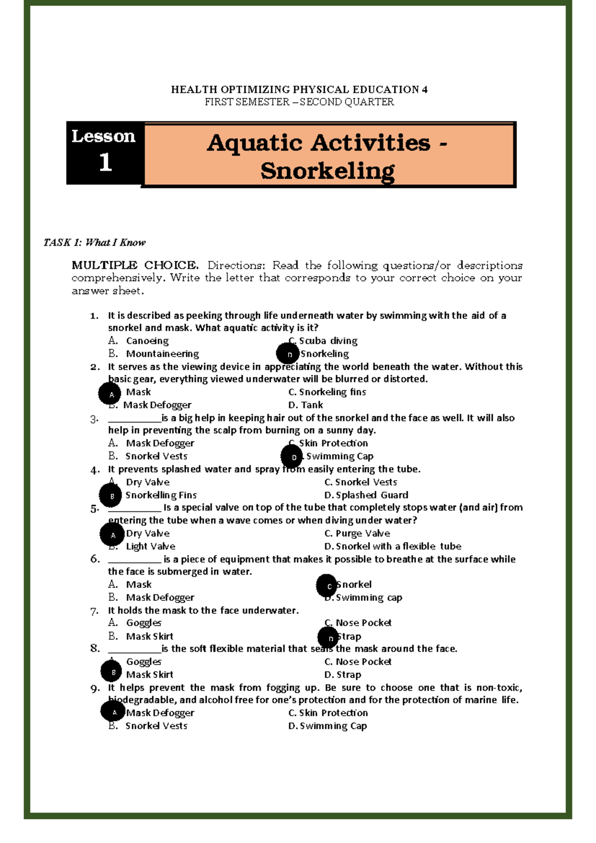PE 4 - Health Optimizing: Aquatic Activities & Snorkeling Tasks - Studocu