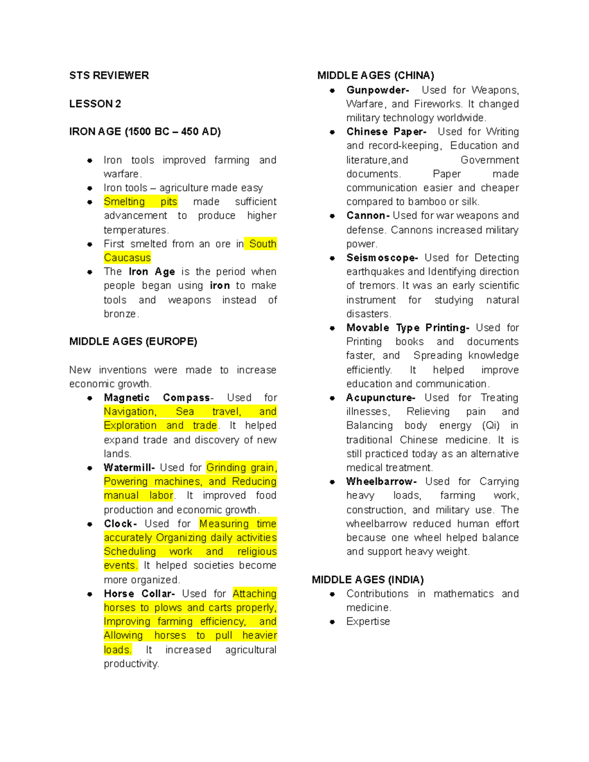 STS REVIEWER LESSON 2: IRON AGE & MIDDLE AGES INNOVATIONS - Studocu
