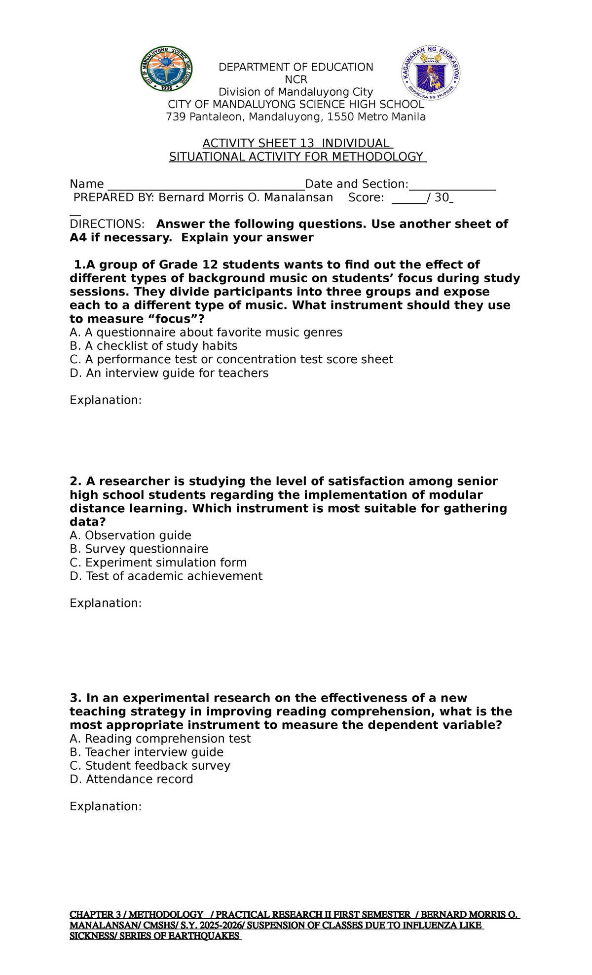 Activity Sheet 14: Methodology for Practical Research II - Studocu
