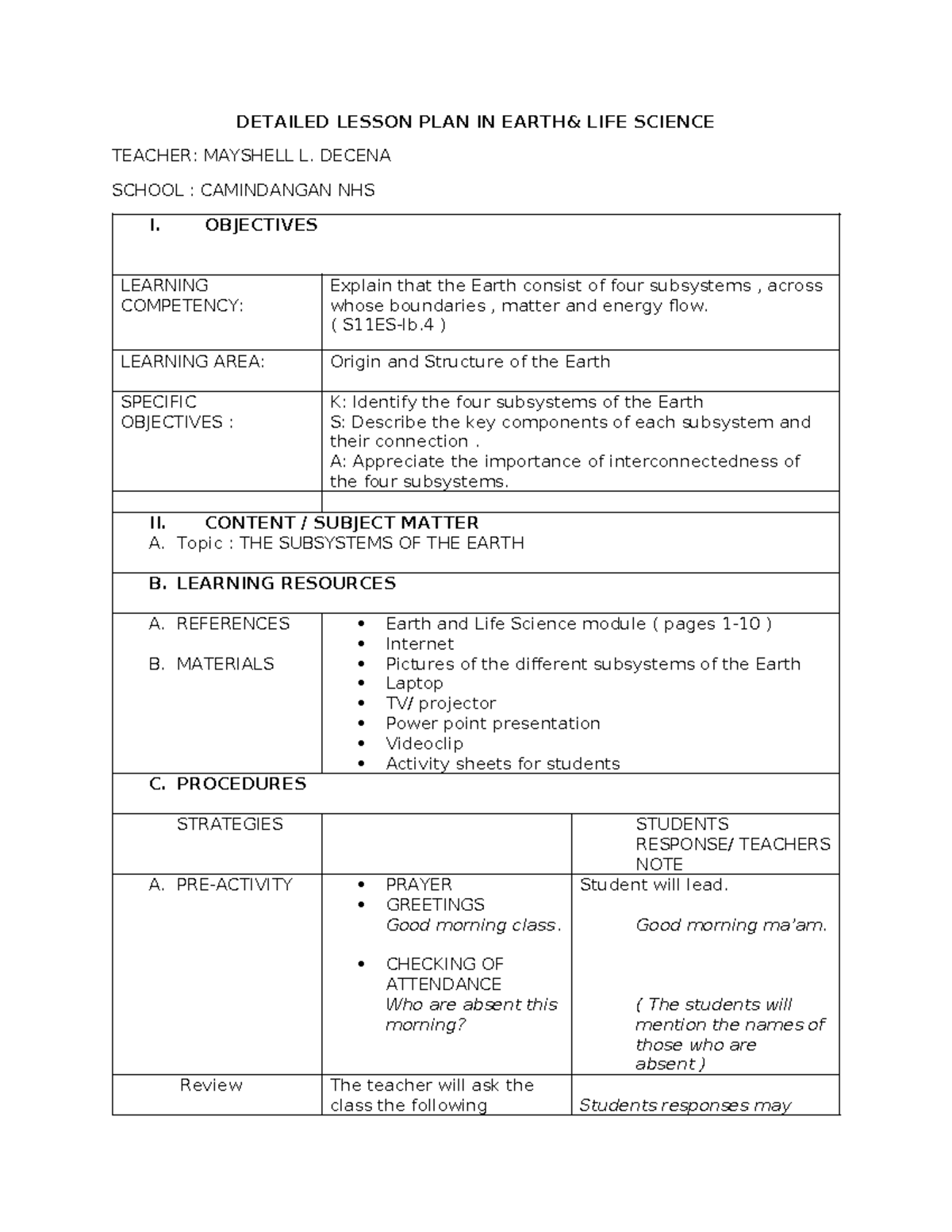 Detailed Lesson Plan for Life Science (Demo) - Studocu