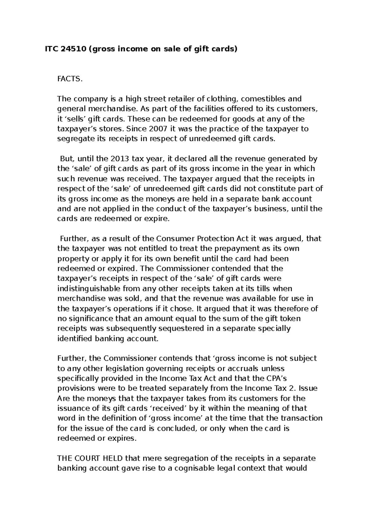 ITC 24510 - Case Summary on Gift Card Gross Income Dispute - Studocu