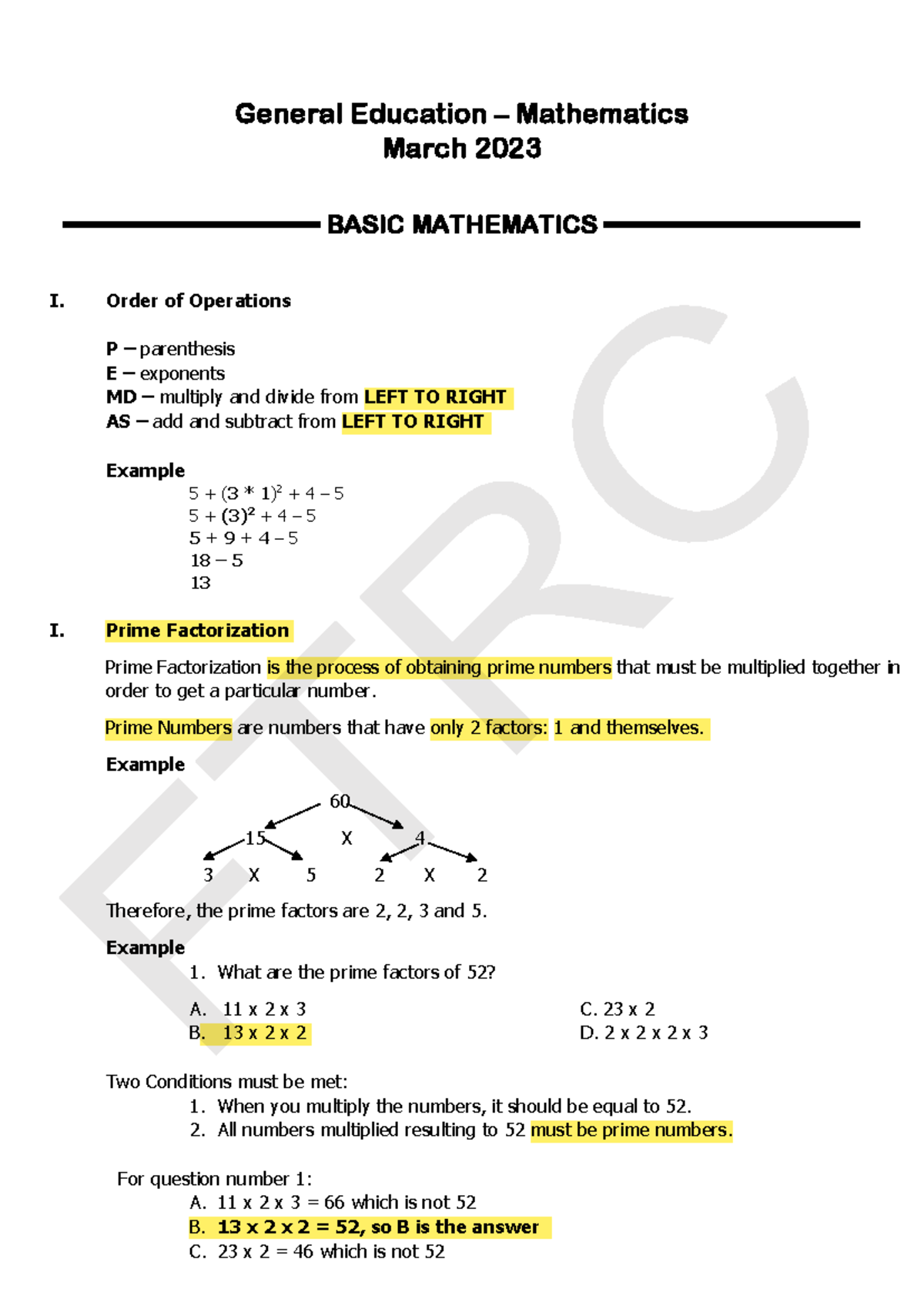 Gen Ed-2: Basic Math I Review - Order of Operations & More - Studocu
