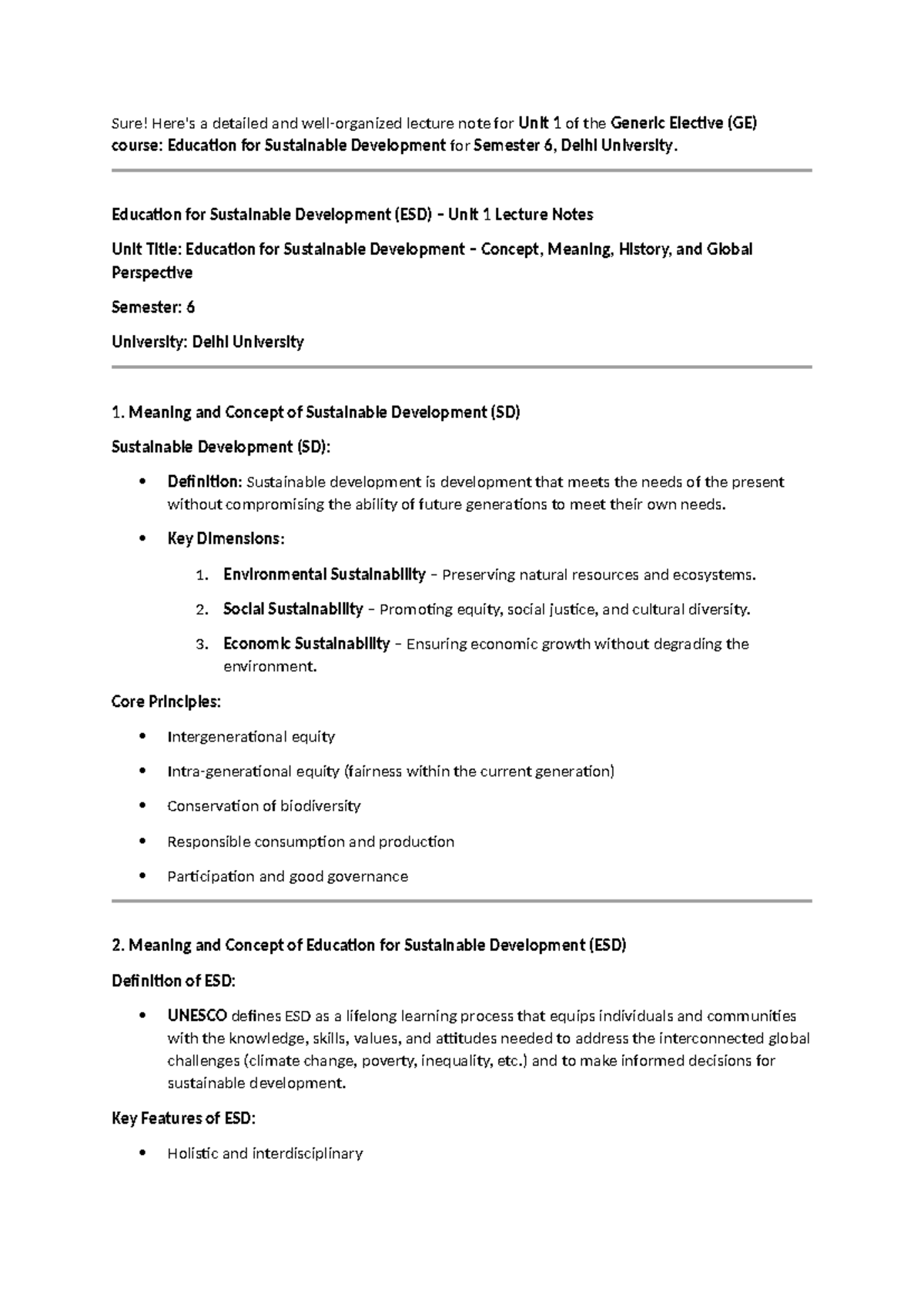 GE Semester 6: Lecture Notes on Education for Sustainable Development ...