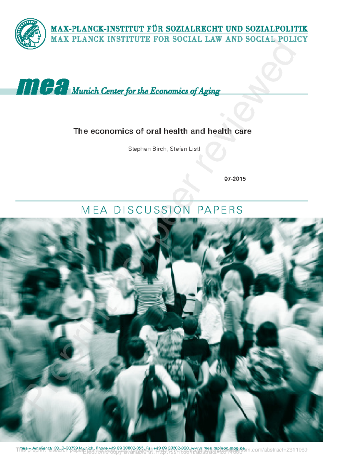 The Economics of Oral Health Care: A Discussion Paper (MEAD) - Studocu
