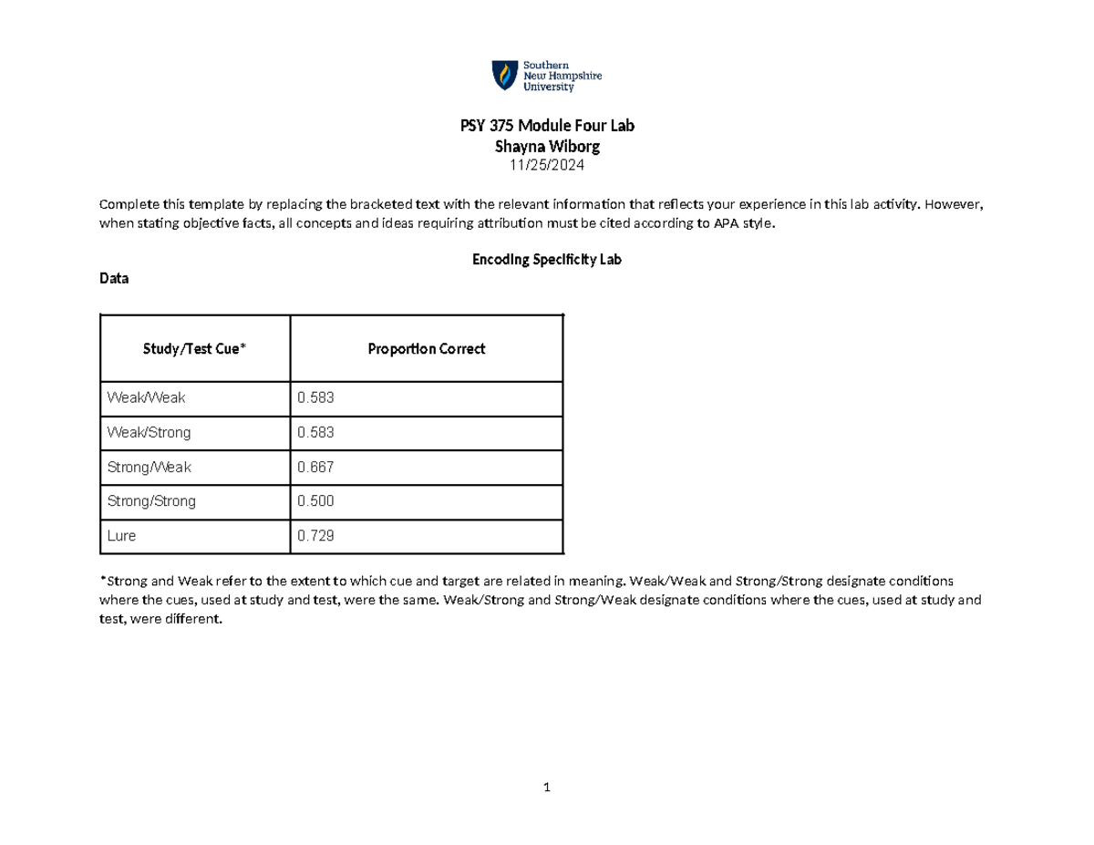 PSY375 Week 4 Lab: Encoding Specificity and False Memory Insights - Studocu