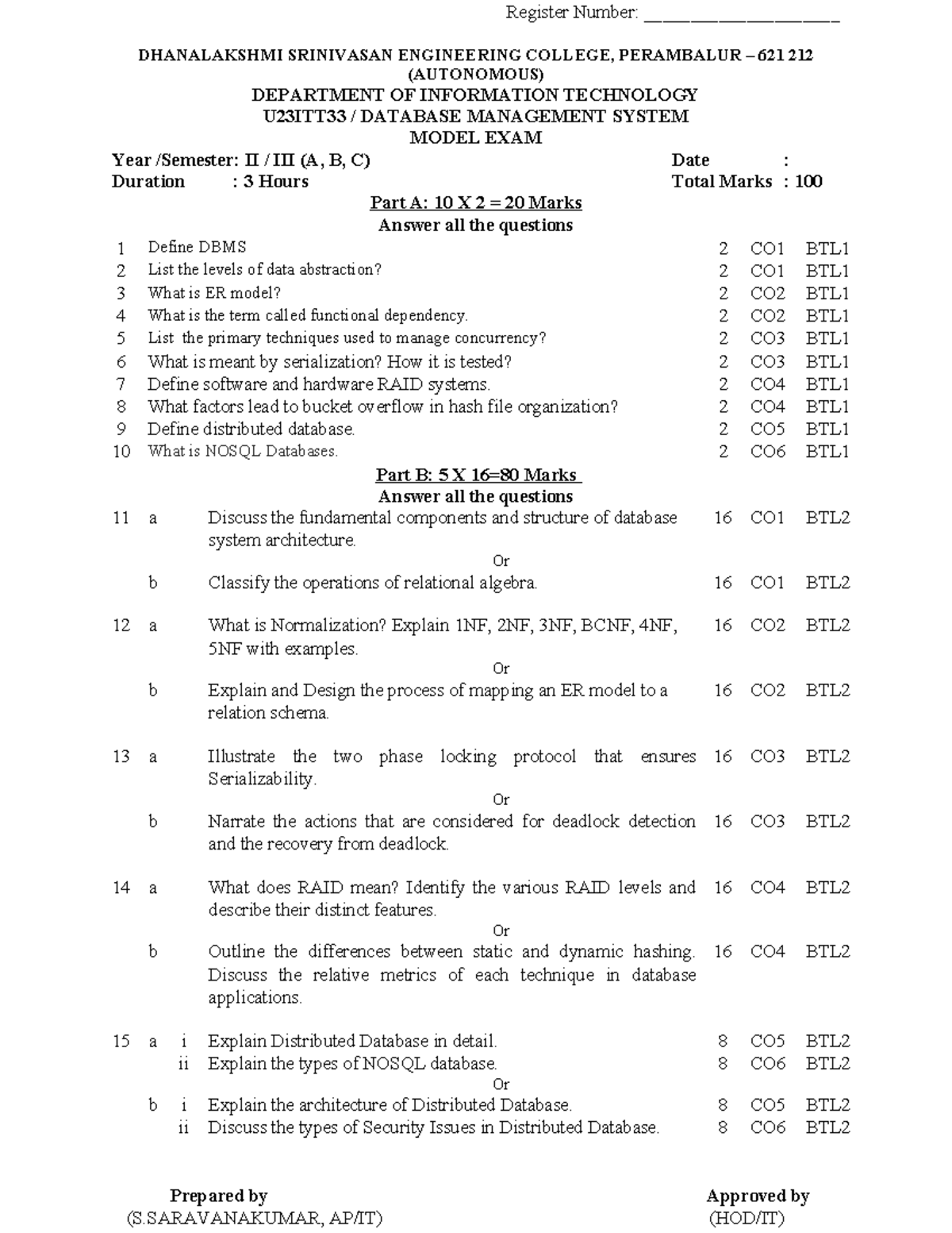 U23ITT33 DBMS Model Exam Question Paper Set-I - Studocu