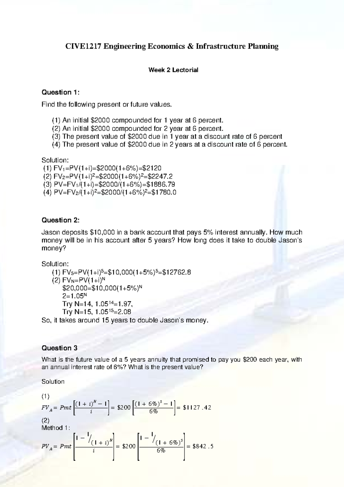 CIVE1217 Engineering Economics Week 2 Lectorial Solutions - Studocu