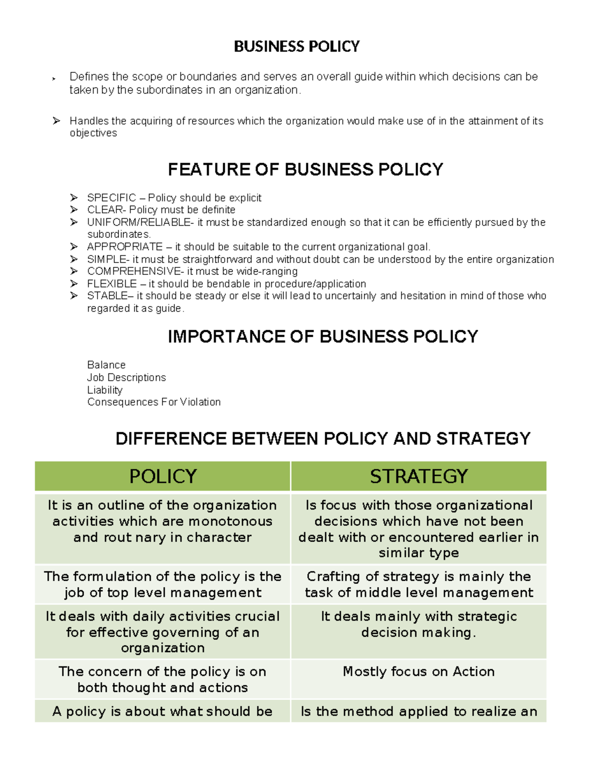 Business Policy Outline: Key Features & Importance Explained - Studocu