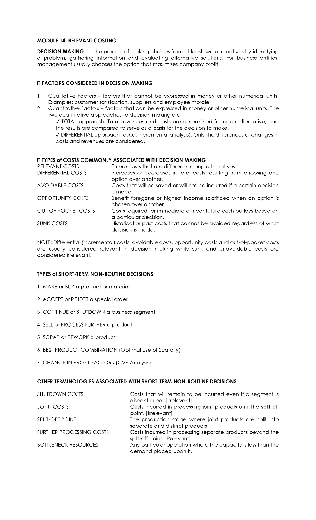 14 MAS Rev: Relevant Costing for Decision Making and Analysis - Studocu