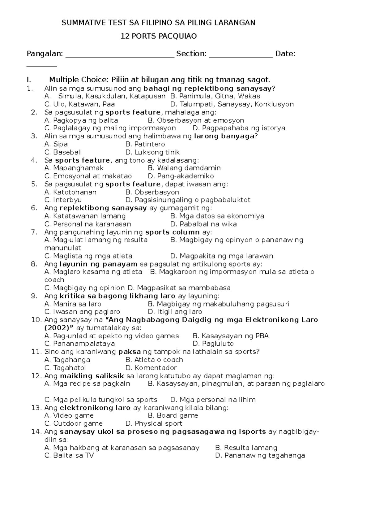 Summative Test sa Filipino sa Piling Larangan 12 Q2 - Studocu
