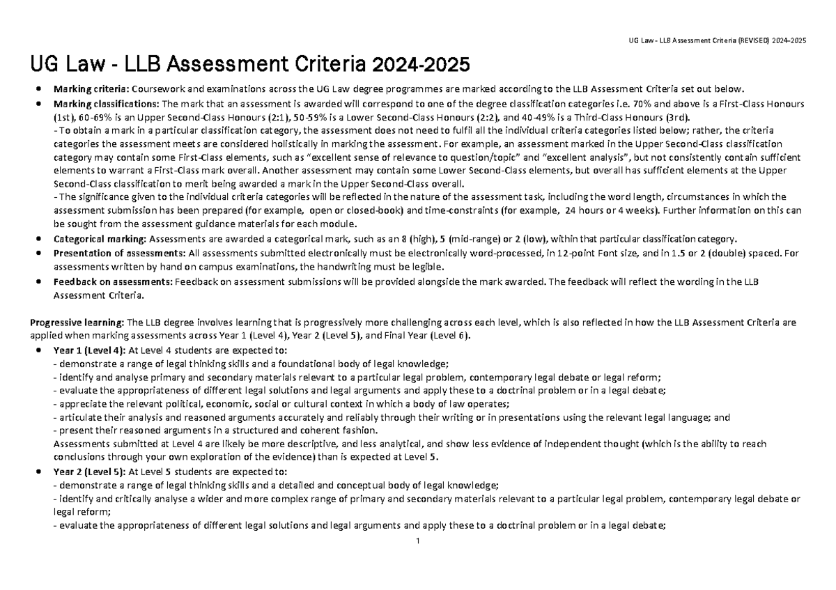 UG Law LLB Assessment Criteria 2024-25: Marking Guidelines and ...