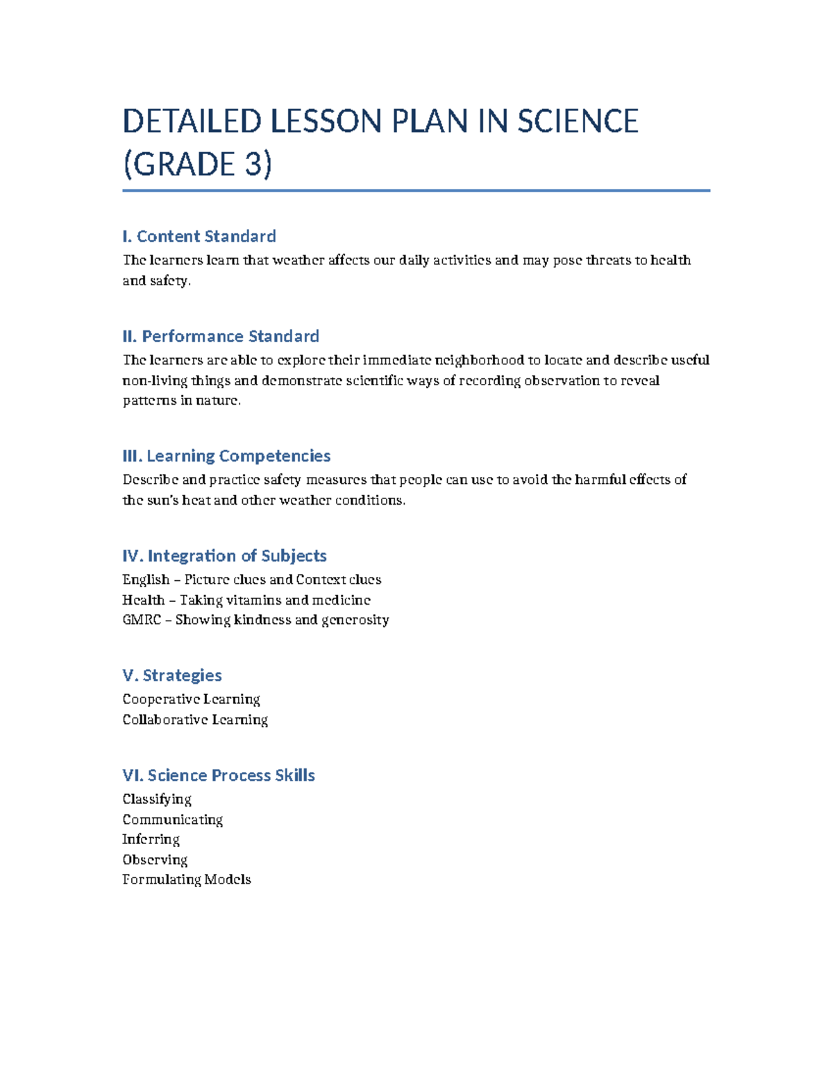 Detailed Lesson Plan on Weather for Grade 3 Science - Studocu