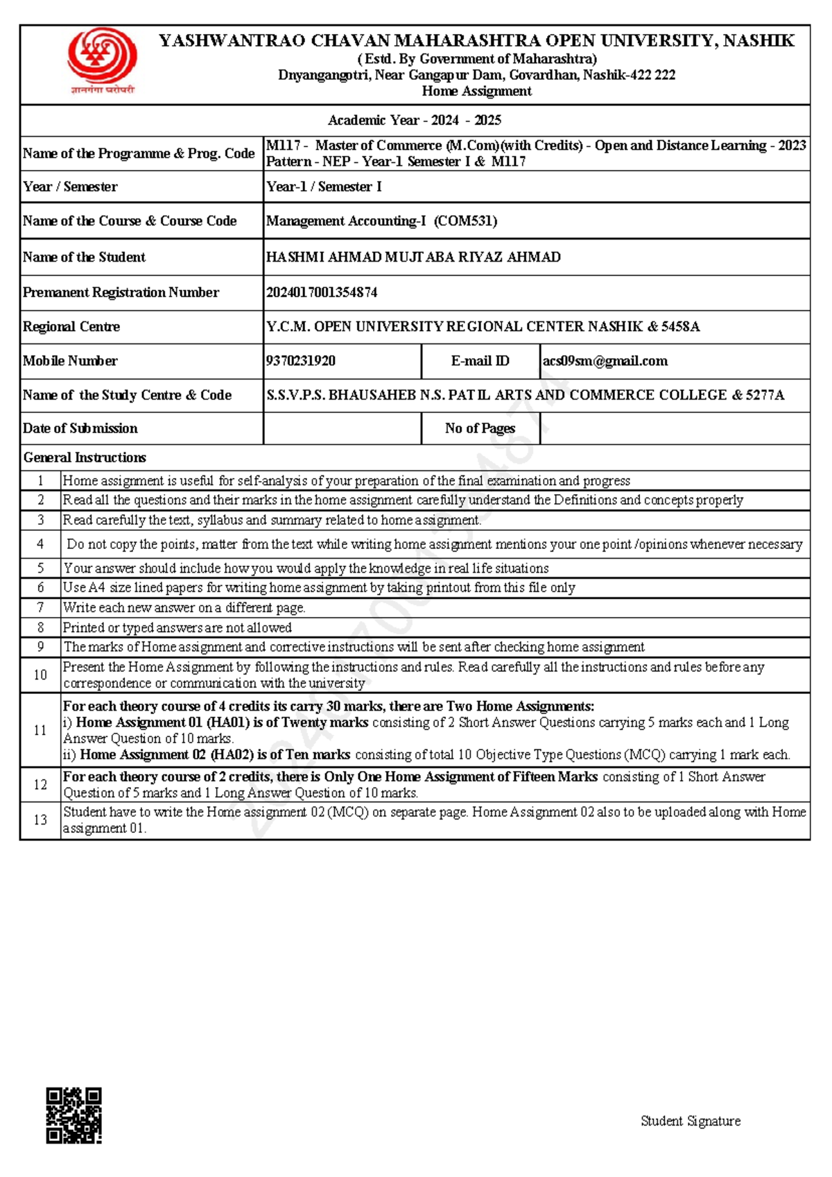 Home Assignment M117: Management Accounting (COM531) for Semester I ...